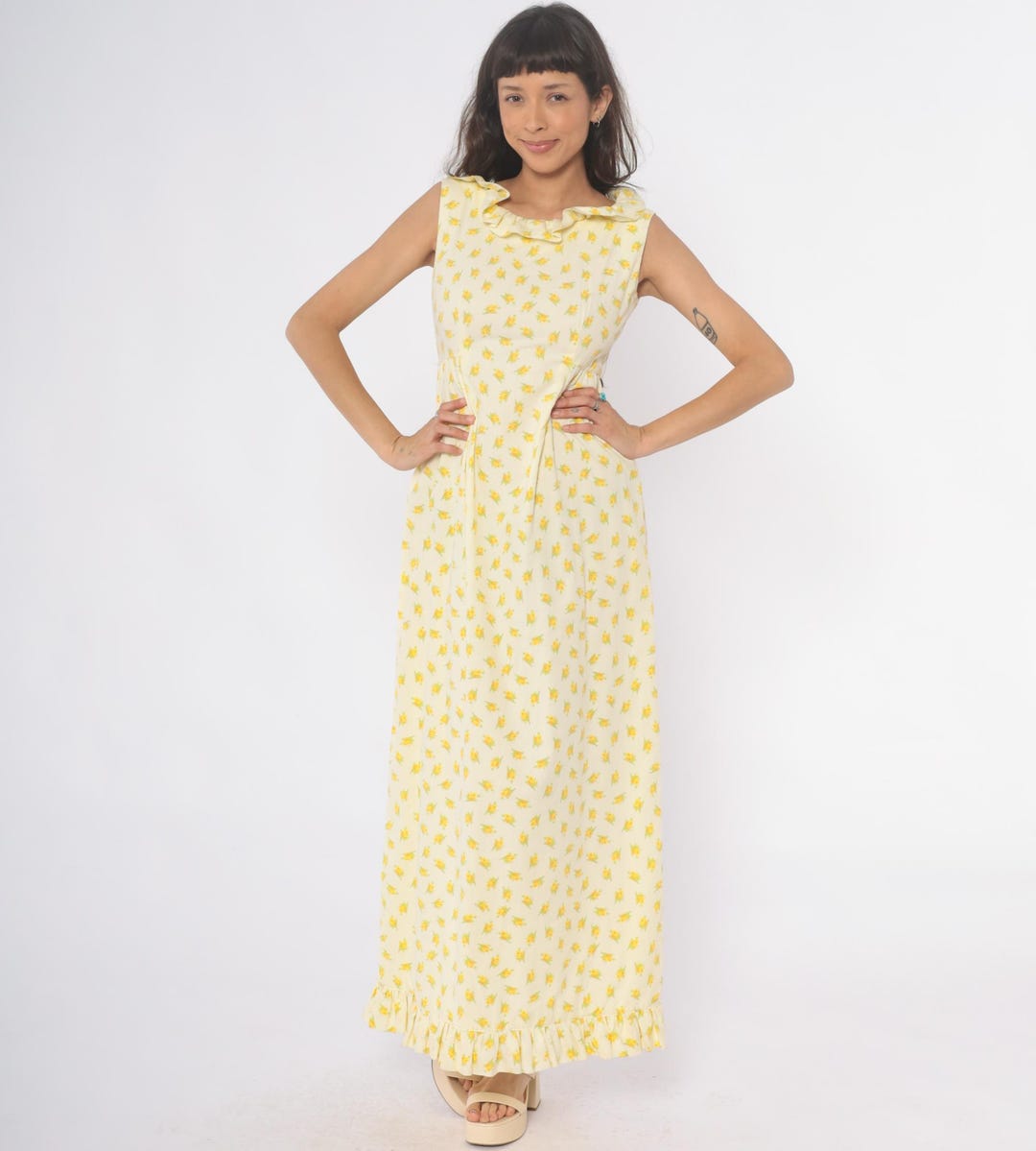 70s Prairie Dress Yellow Floral Maxi Ruffle Collar Sleeveless Empire ...
