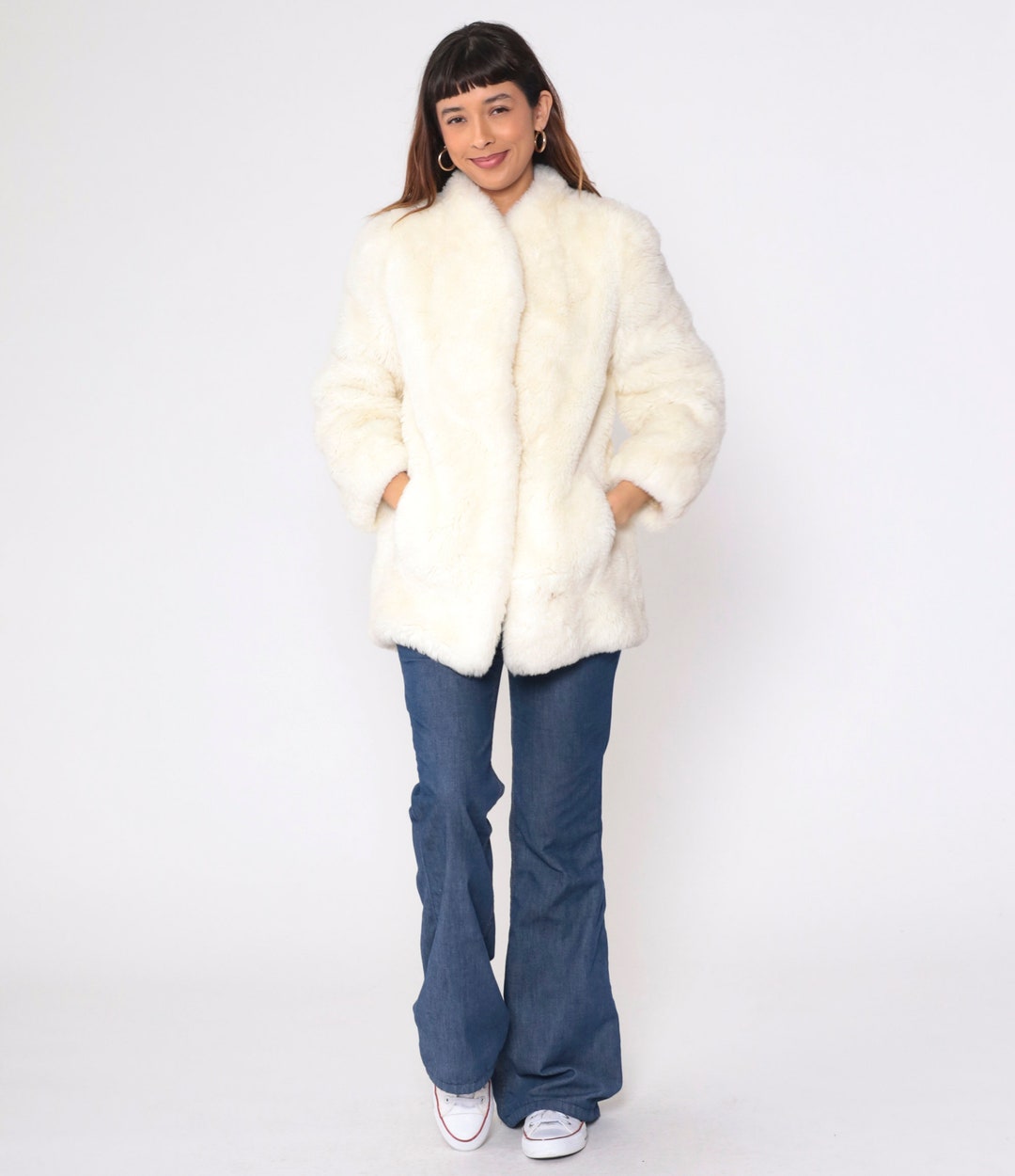 80s Faux Fur Coat Cream Furry Jacket Fake Fur Vegan Coat Rockstar ...