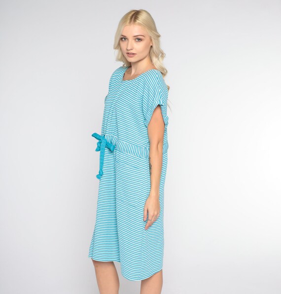 70s Day Dress Blue White Striped Shift Dress Retro Sh… - Gem