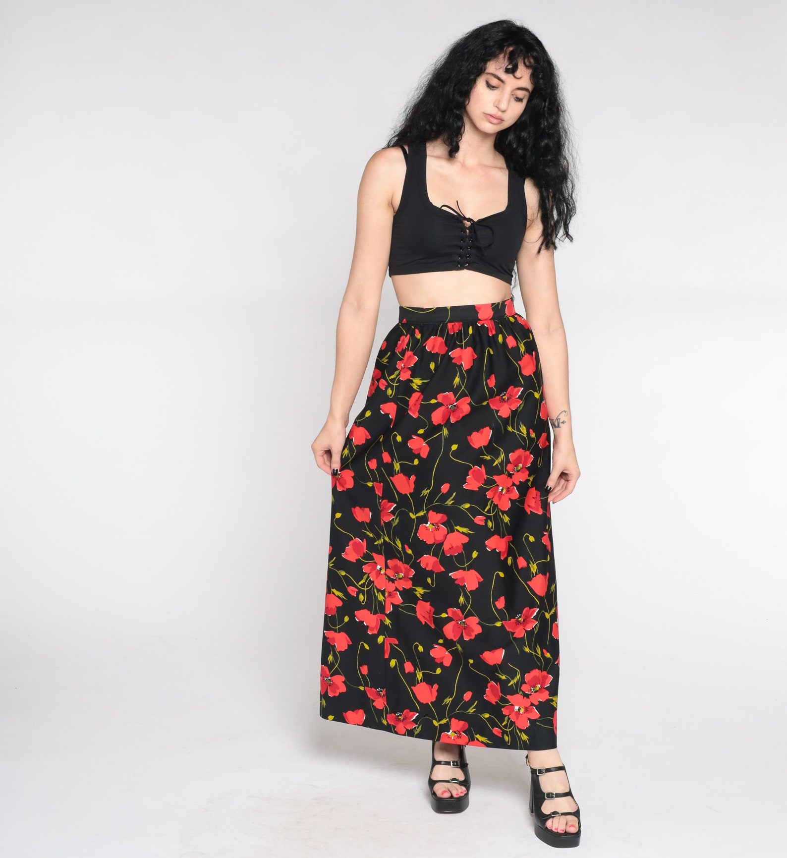 90s Floral Skirt Black Red Poppy Skirt 90s Maxi Boho Straight - Etsy