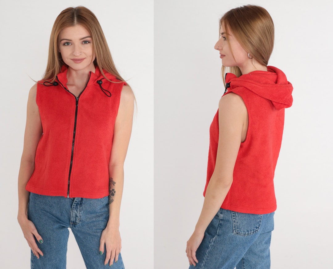Red Fleece Vest 90s Hooded Zip up Vest Sleeveless Hoodie Retro Basic ...