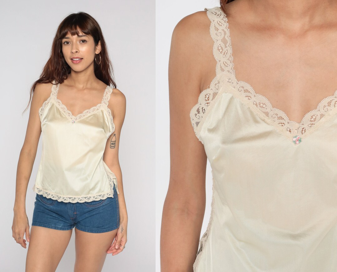 Lace Trim Camisole 80s Cream Olga Cami Lingerie Tank Top Retro Undershirt Sleep V Neck Shirt ...