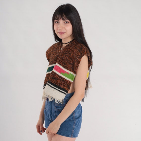 Woven Poncho 80s Open Side Fringe Shawl Brown Southwe… - Gem