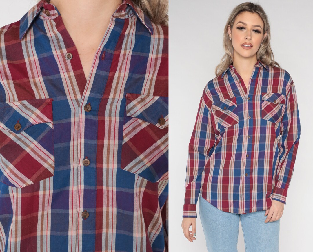 80s Plaid Shirt Burgundy Dark Blue Shirt Retro Button up Shirt Cotton ...