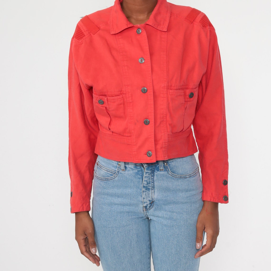 Bright Red Jacket 90s Cropped Jacket Button Up Shirt Cargo | Etsy