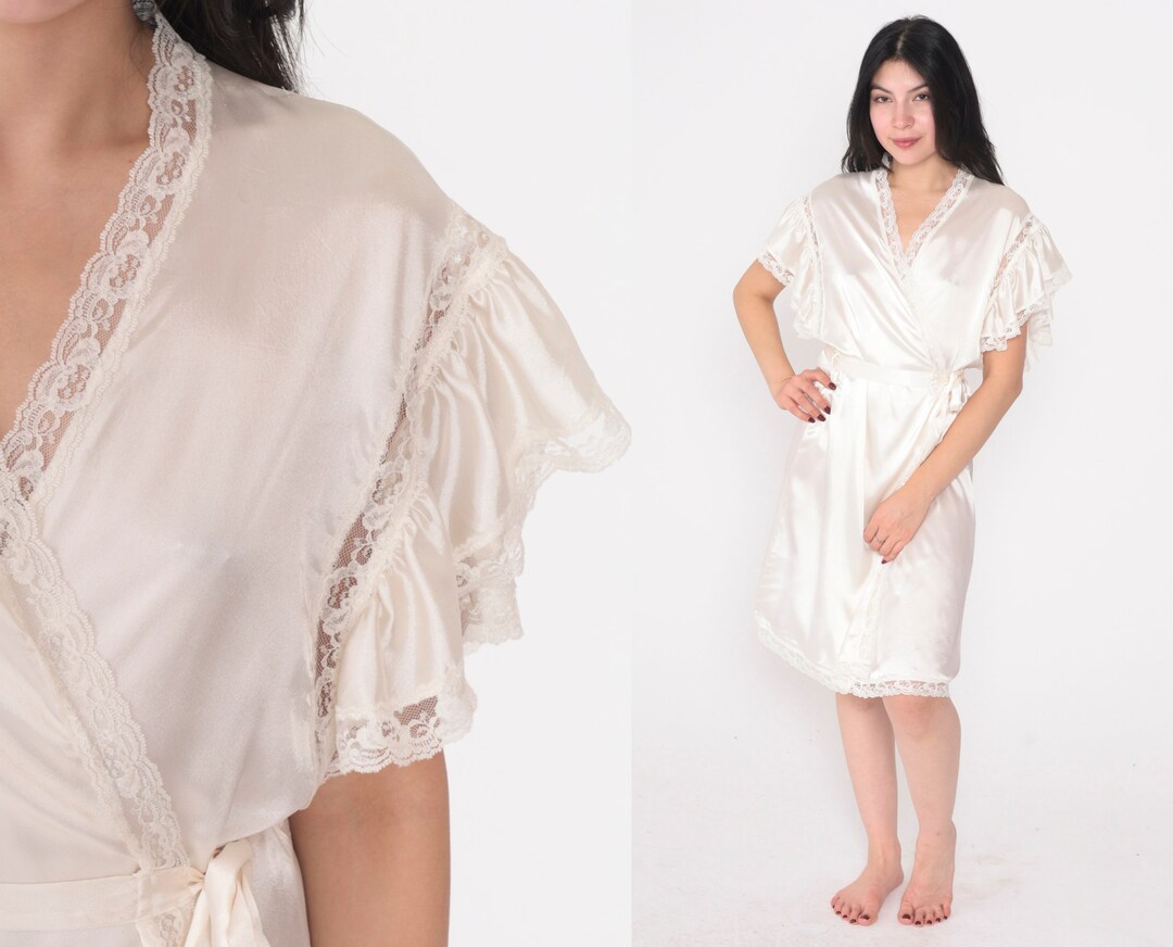 White Lace Robe 80s Lingerie Jacket Mini House Coat Flutter Sleeve Tie ...