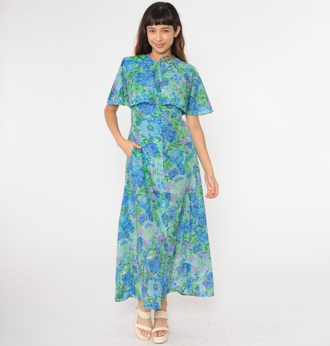 70s Capelet Floral Dress Blue Green Maxi Dress Hippie Gown Boho Button ...