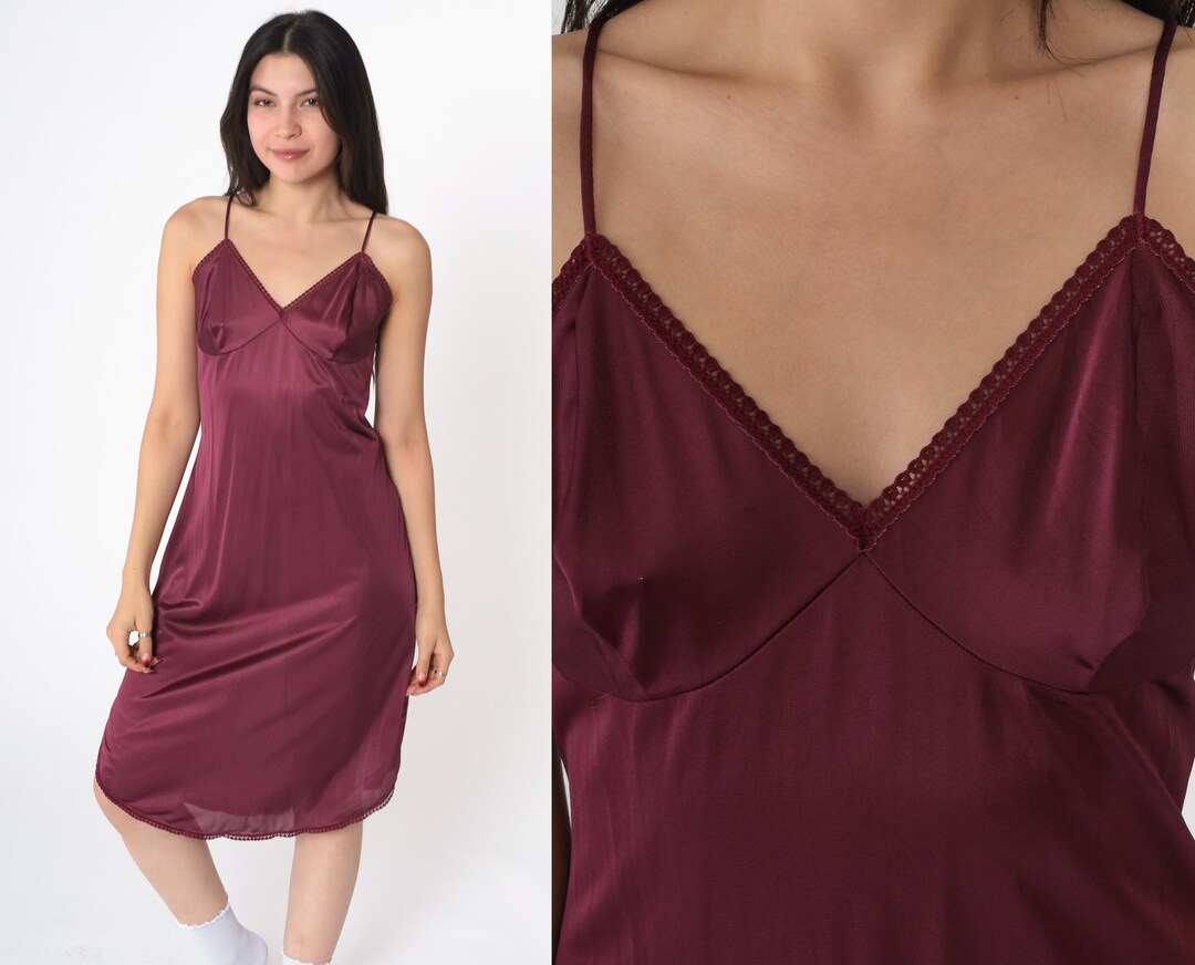Plum Slip Dress 70s Midi Purple Full Slip Lingerie Side Slit Pin up ...