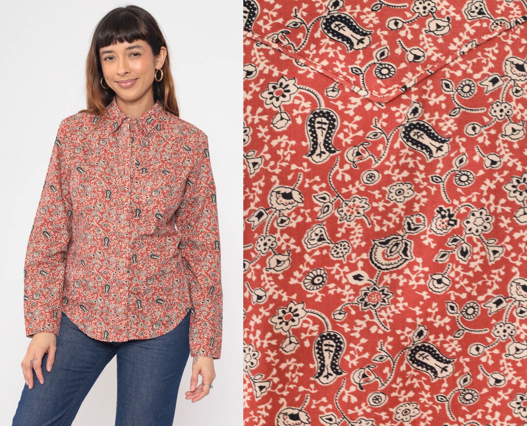 Floral Western Shirt 90s Burnt Orange Smile Pocket Blouse Yoke Flower ...