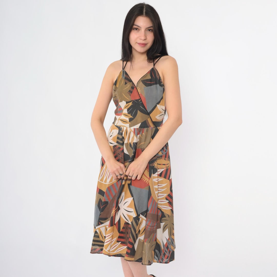 Vintage Tropical Sun Dress 80s Boho Midi Floral Earth Tones V Neck ...