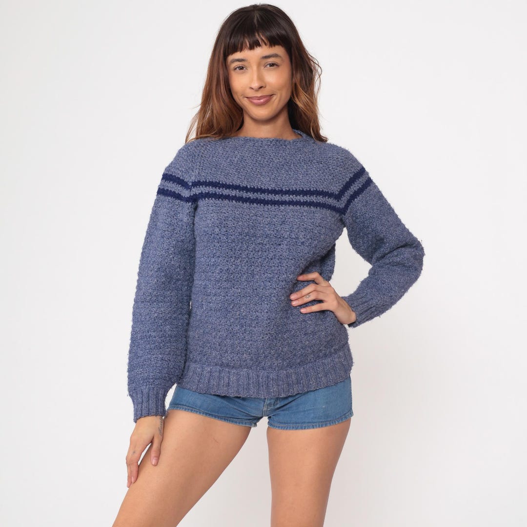 Periwinkle Blue Sweater Vintage 80s Navy Stripe Textured Knit Pullover ...