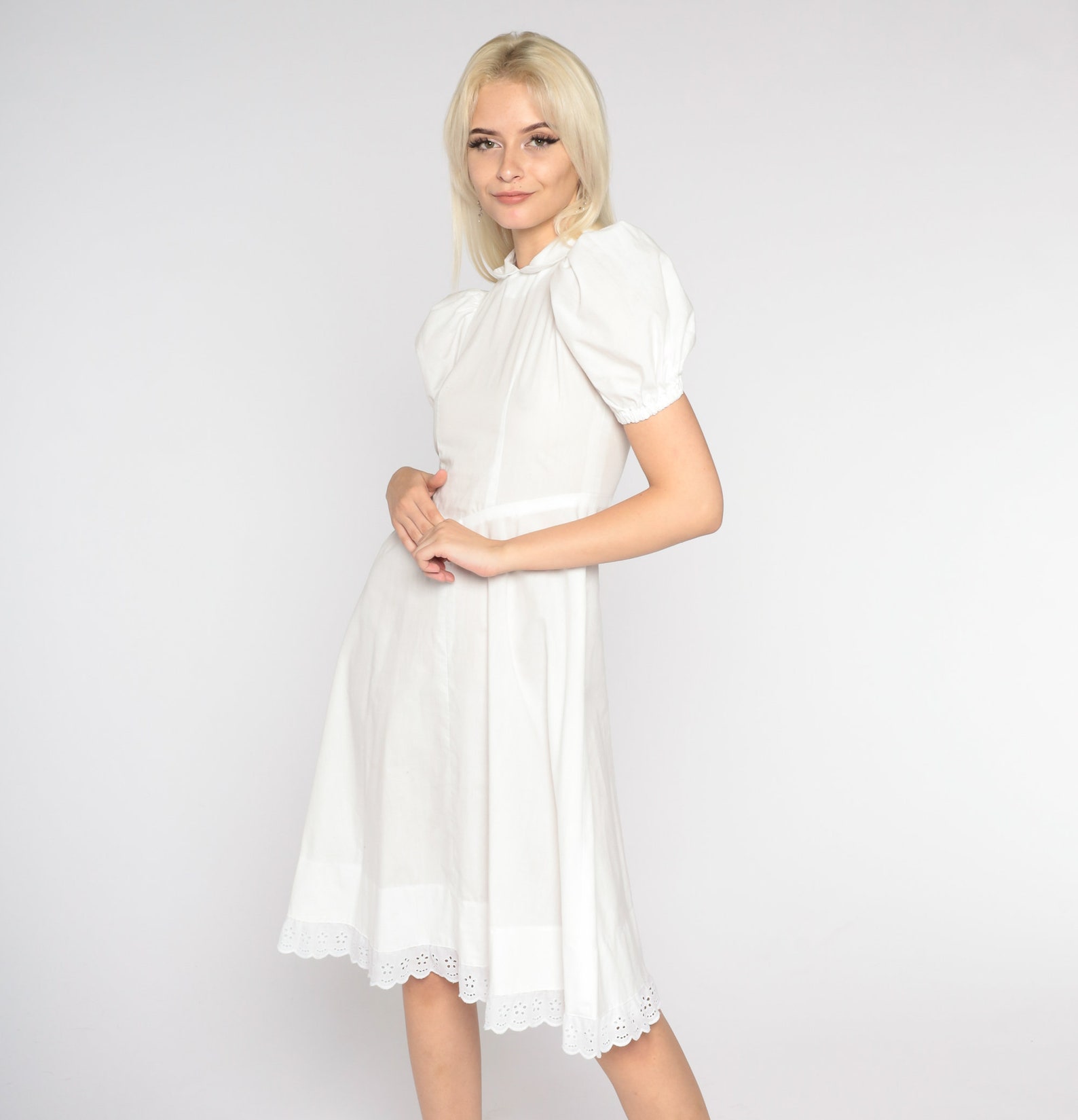 White Peasant Dress 70s Puff Sleeve Day Dress Eyelet Trim High Basque ...