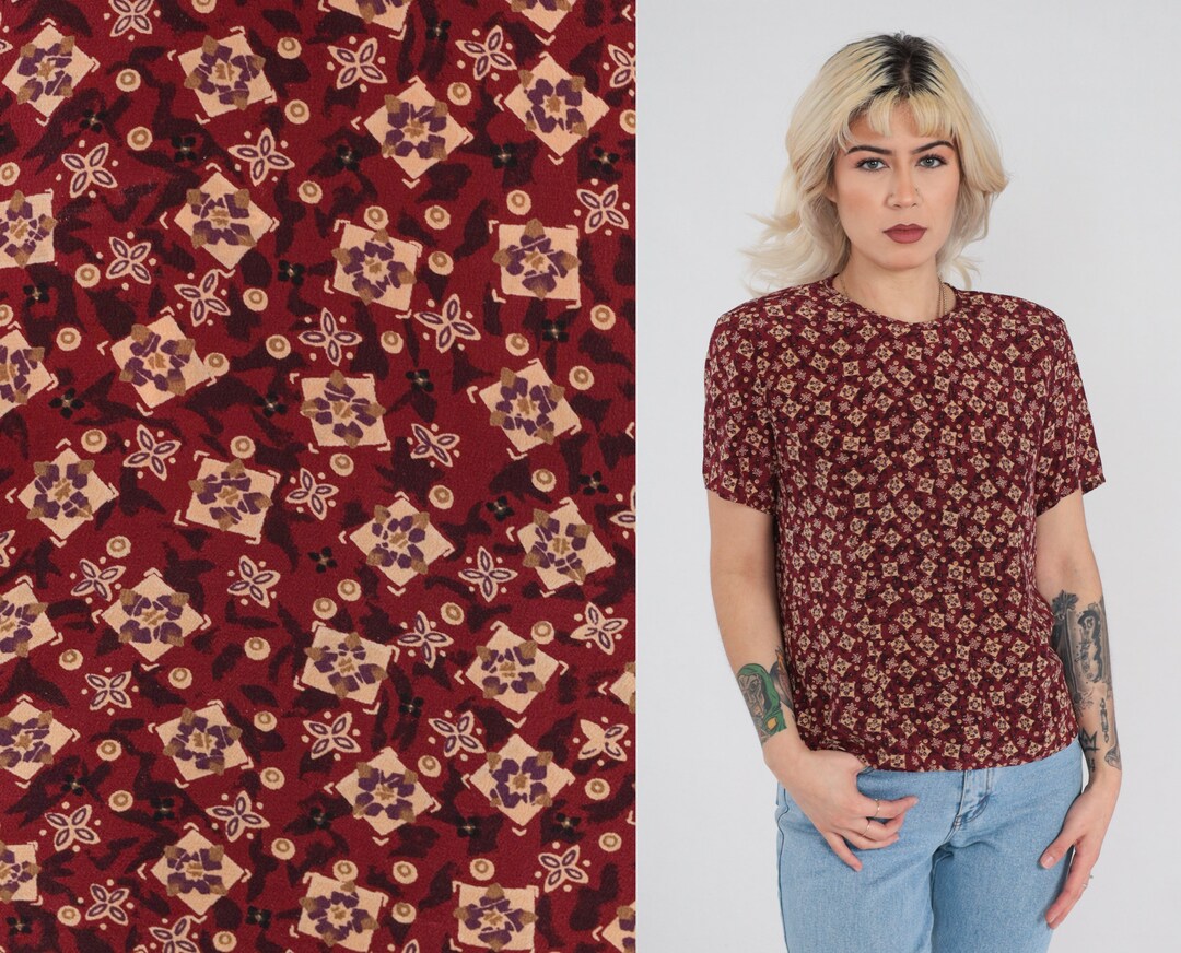 90s Silk Shirt Dark Red Tile Print Blouse Bohemian Short Sleeve Top ...