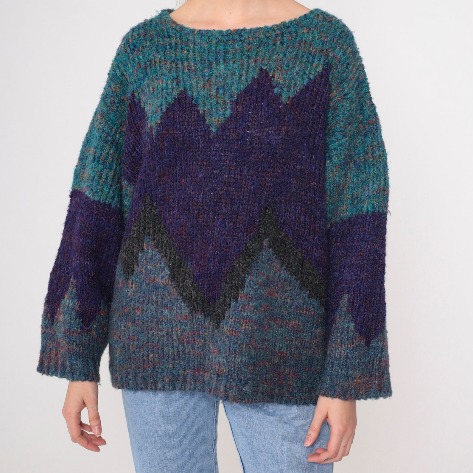 Color Block Sweater 90s Purple Teal Flecked Sweater Wool Blend Knit ...