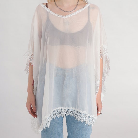 Sheer White Poncho Top Lace Shawl Cape Shirt Hippie B… - Gem