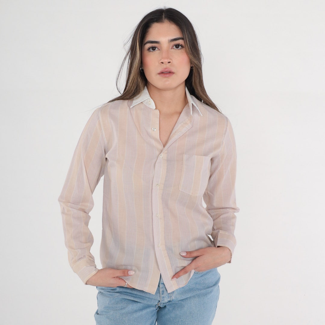 Striped Shirt 80s Button up Shirt Semi-sheer Tan Pink Long Sleeve Chest ...