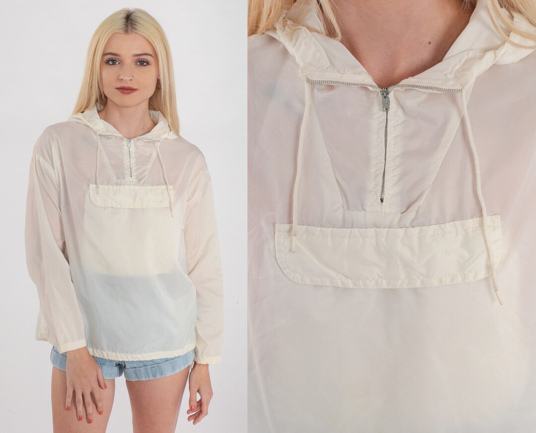 Hooded Windbreaker 80s Sheer Cream Jacket Running Half Zip Pullover ...
