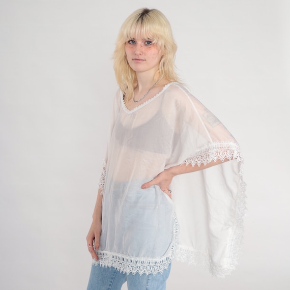 Sheer White Poncho Top Lace Shawl Cape Shirt Hippie B… - Gem