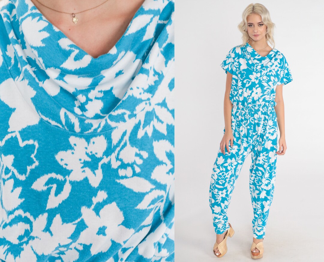 80s Floral Jumpsuit Blue Tapered Pantsuit Cowl Neck Romper Pants Short ...