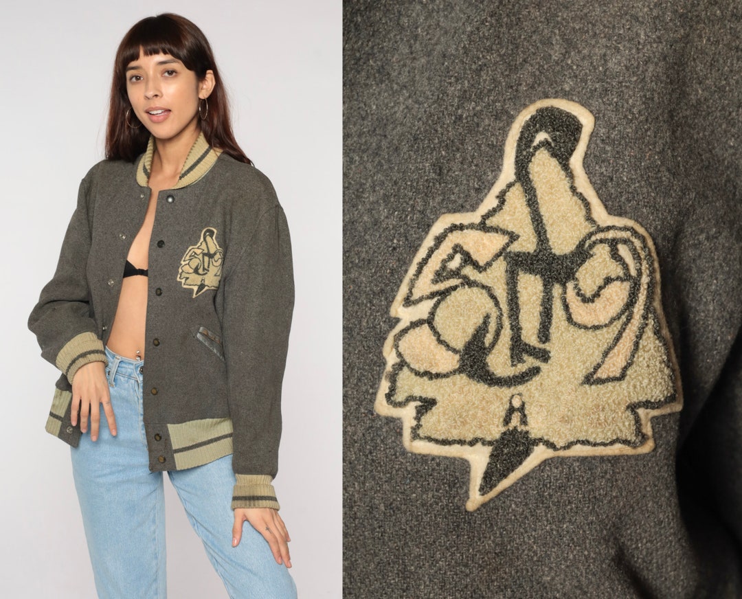 50s Varsity Jacket Grey Wool Baseball Jacket Retro Letterman Sporty ...