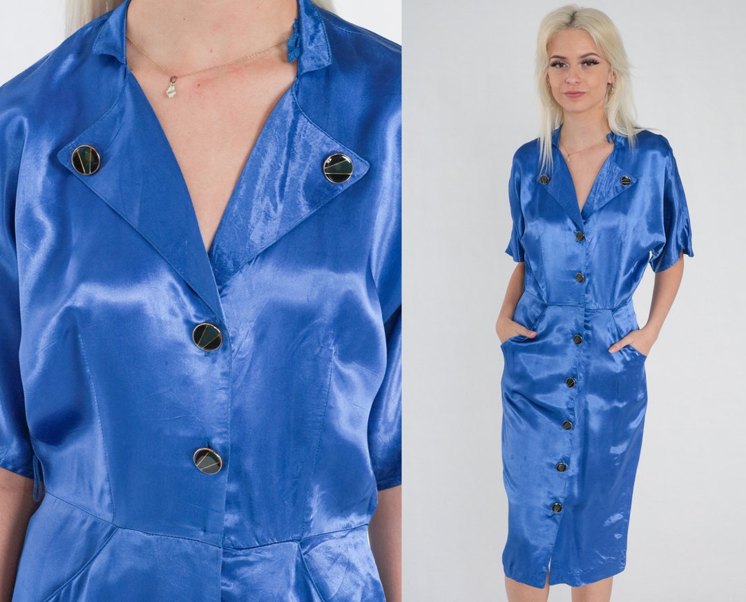 Shiny Blue Dress 90s Button up Midi Secretary Dress Retro Pencil Short ...
