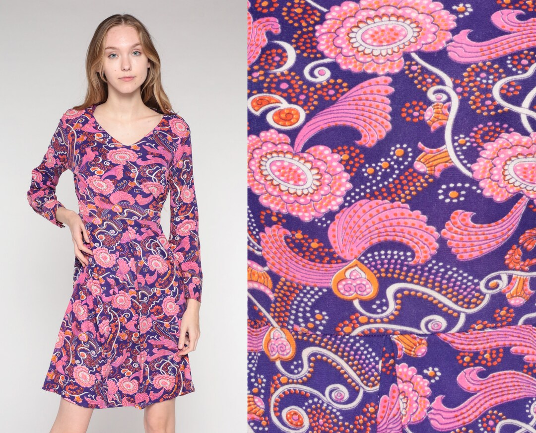70s Floral Dress Purple Pink Mod Mini Dress Long Sleeve V Neck Abstract ...