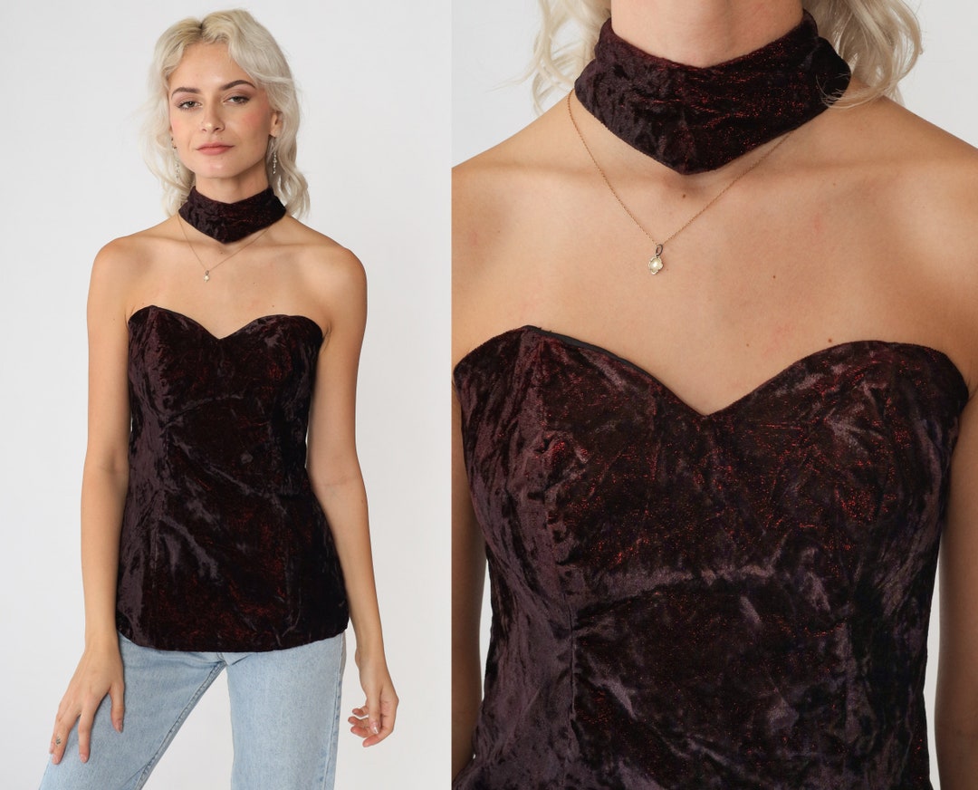 Metallic Velvet Top 90s Choker Neck Blouse Strapless Sweetheart Sparkly