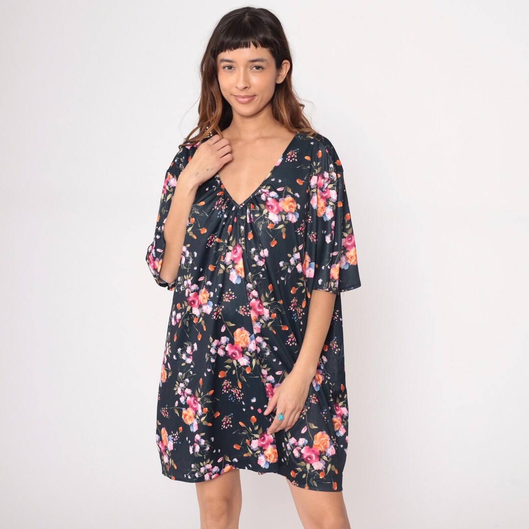 Floral Lounge Dress 90s Tunic V Neck Short Sleeve Plus Size Dark Navy ...