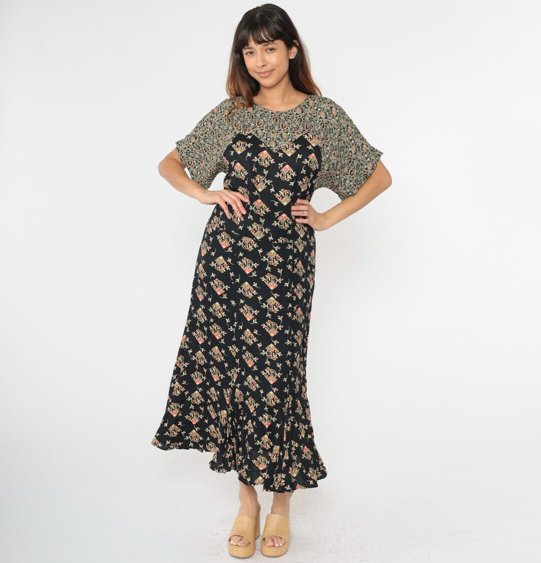 Vintage Floral Maxi Dress Black 90s Dolman Sleeve Mixed Print Carole ...