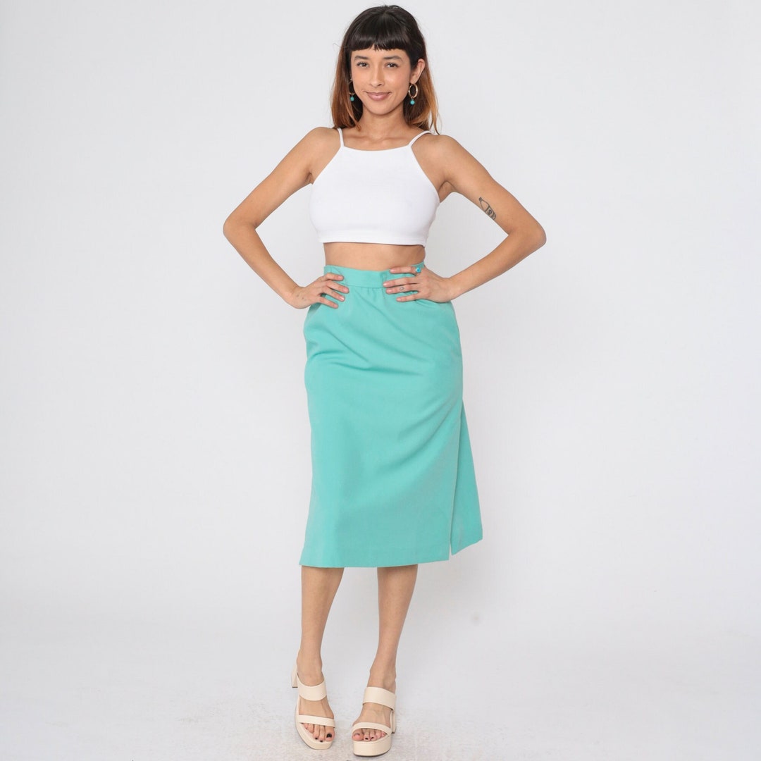 Seafoam Midi Skirt 80s Pencil Skirt High Waisted Retro Simple Plain ...
