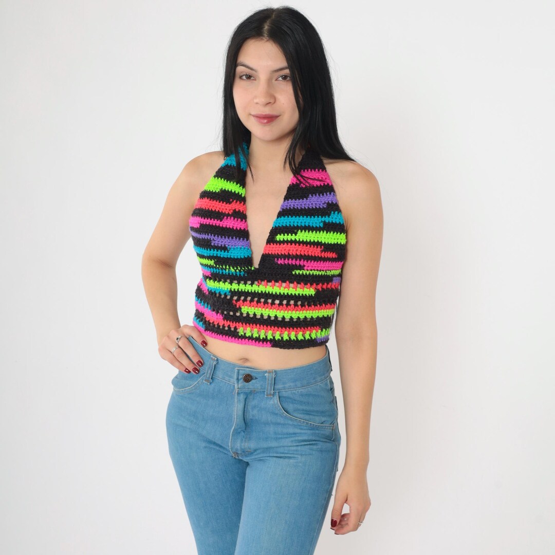 Y2K Crochet Halter Top Black Neon Striped Crop Top Festival Tie Back ...