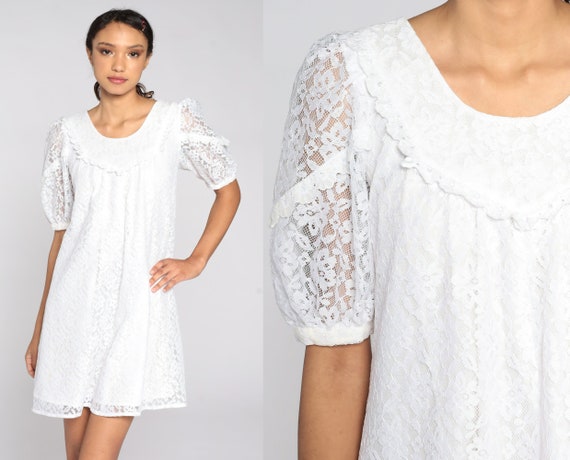 White Lace Dress 80s Mini Dress Puff Sleeve Party Dre… Gem