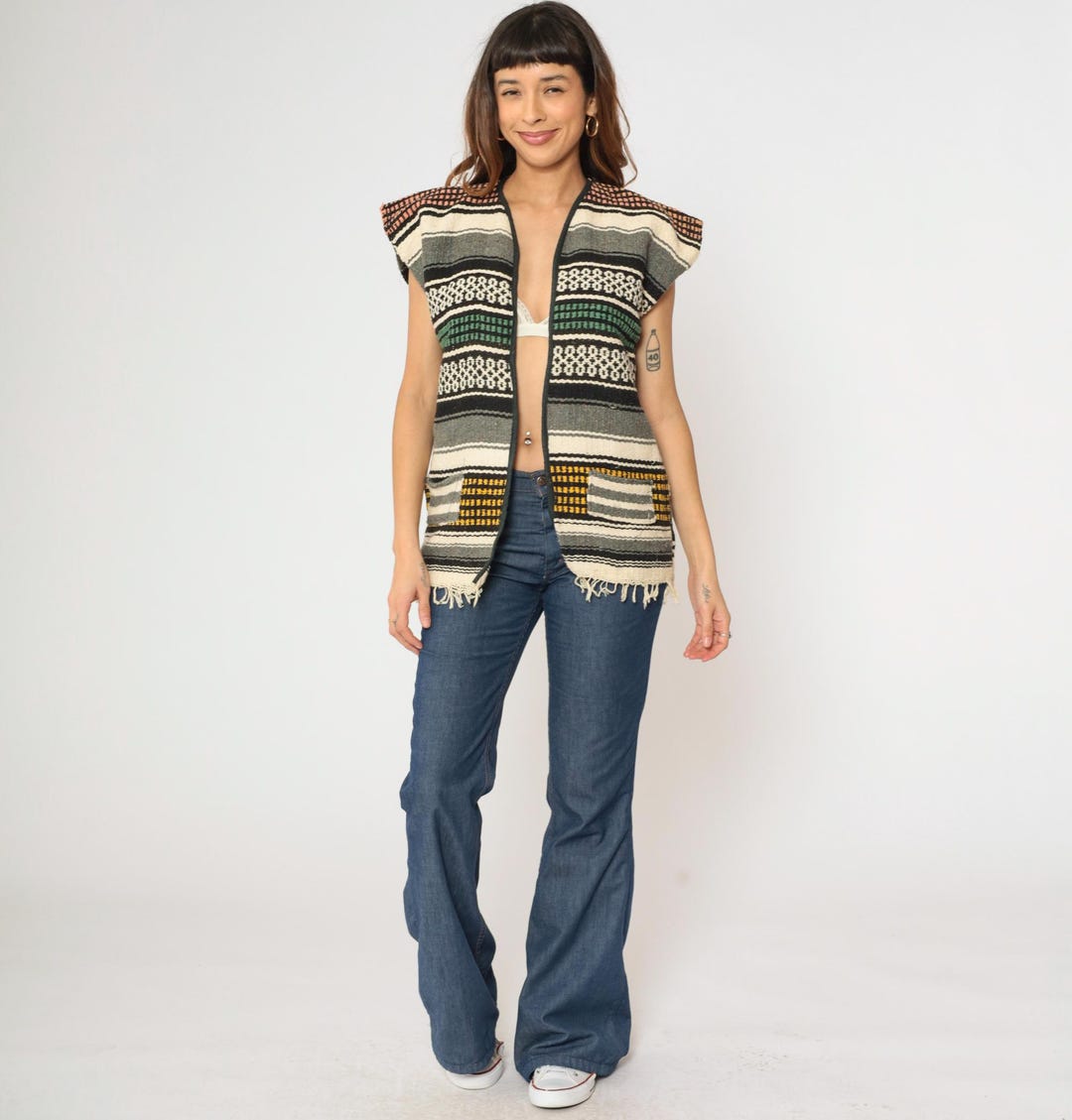Vintage Woven Mexican Serape Vest Fringe Poncho Blanket Baja Sleeveless ...