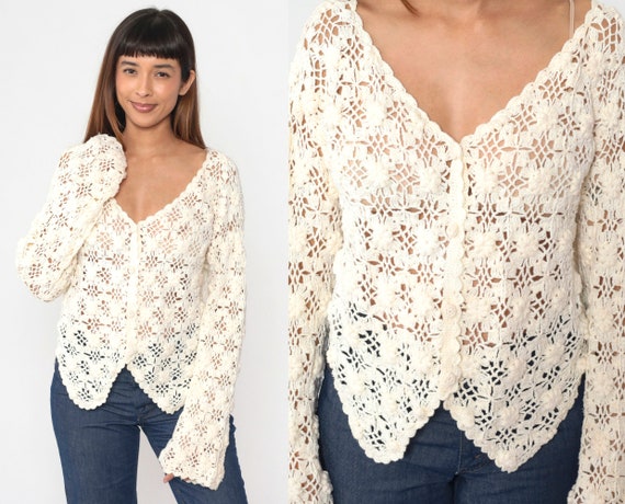 90s Crochet Sweater Sheer Off-White Cardigan Boho Flo… - Gem