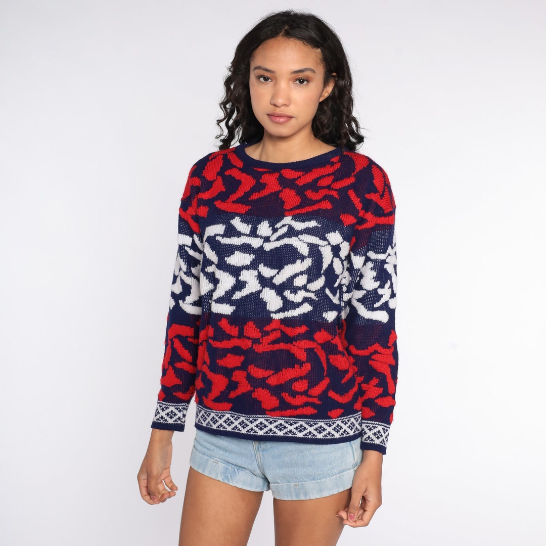 80s Abstract Sweater 1980s Red White Blue Blotch Print Knit Jumper ...