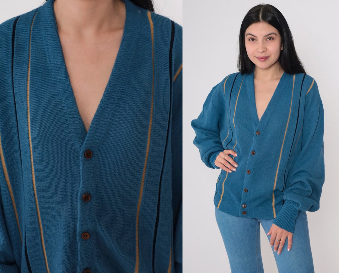 70s Striped Cardigan Blue Button up Sweater Retro Knit V Neck Grandpa ...
