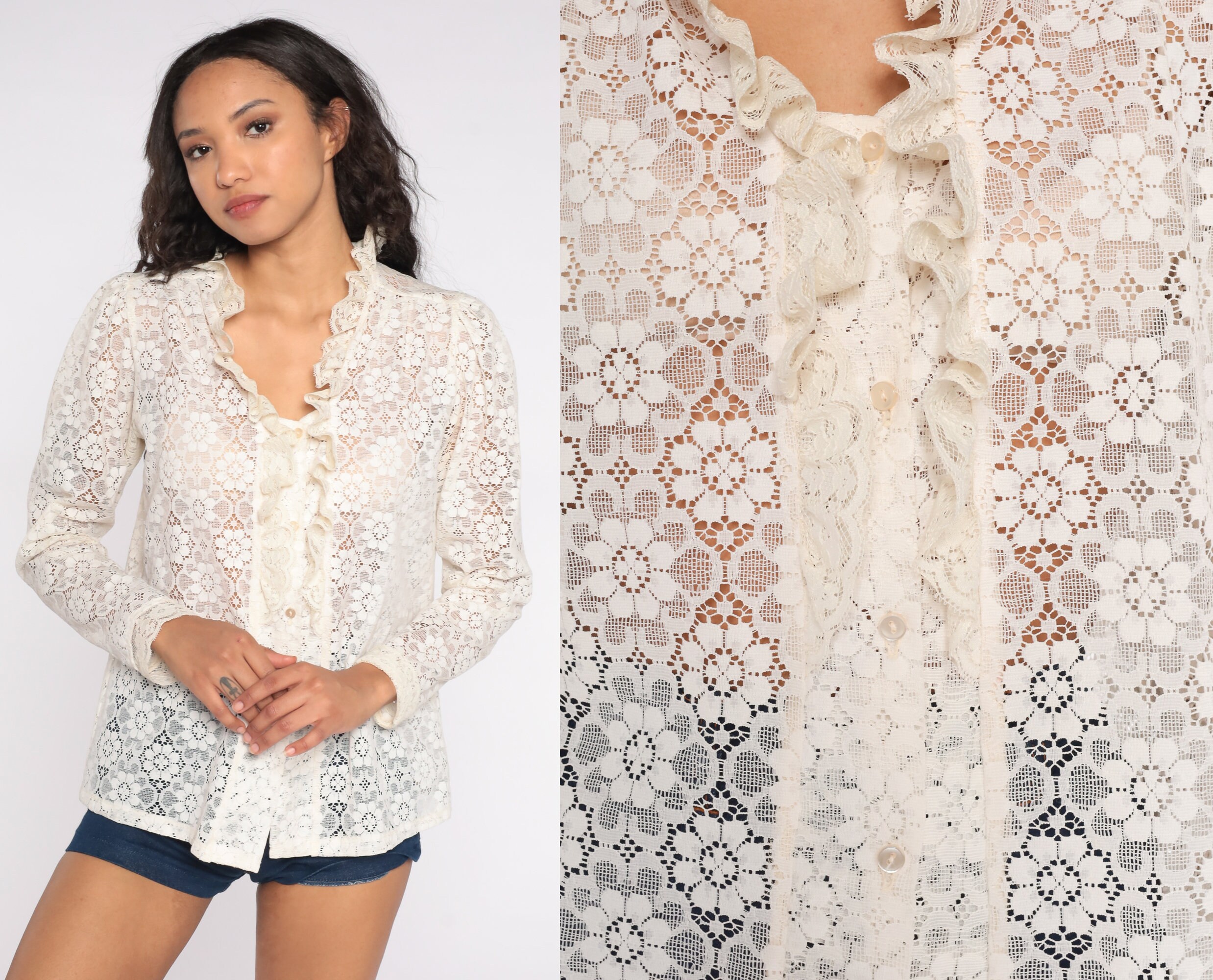 Cream Sheer Lace Blouse 70s Button up Shirt Tuxedo Ruffle Cream Sheer Lace Blouse 70s Button up Shirt Tuxedo Ruffle