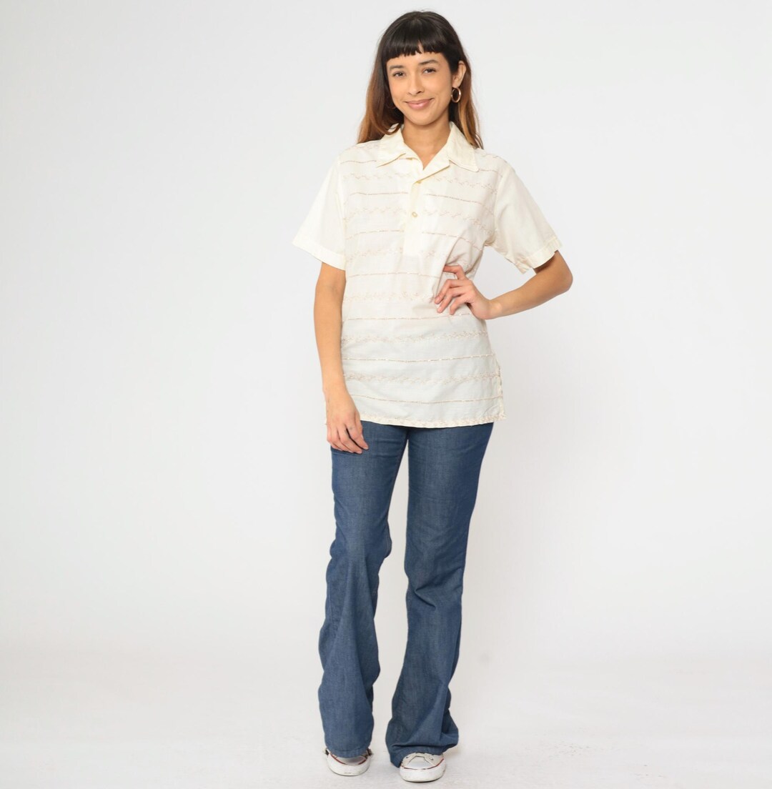 Vintage Eyelet Embroidered Polo Shirt 70s Cream Striped Shirt Bohemian ...