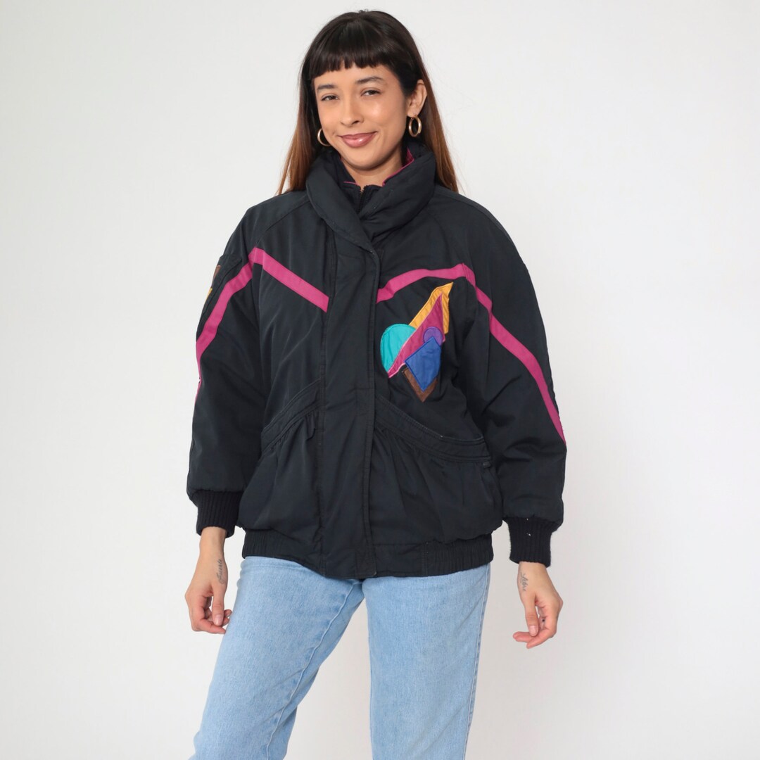 90s Ski Jacket Black Geometric Leather Trim Winter Coat Snowboard Puffy ...