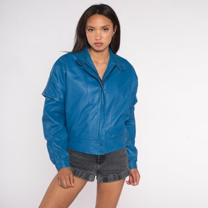 Blue Leather Jacket 90s Sleek Moto Jacket Layered Sleeve Biker ...
