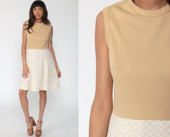 70s Mini Dress Tan Geometric Print Mod Dress 60s Slee… - Gem