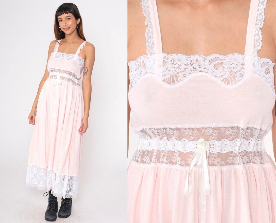 Victoria's Secret Nightgown Y2K Baby Pink White Lace Slip Dress Maxi ...