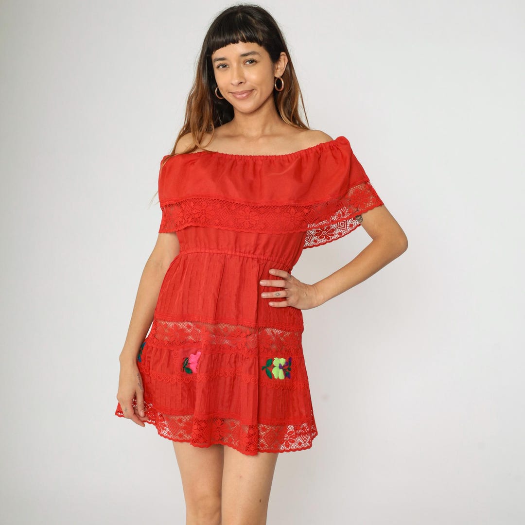 Off Shoulder Mexican Dress Red Micro Mini Boho Embroidered Lace Peasant ...