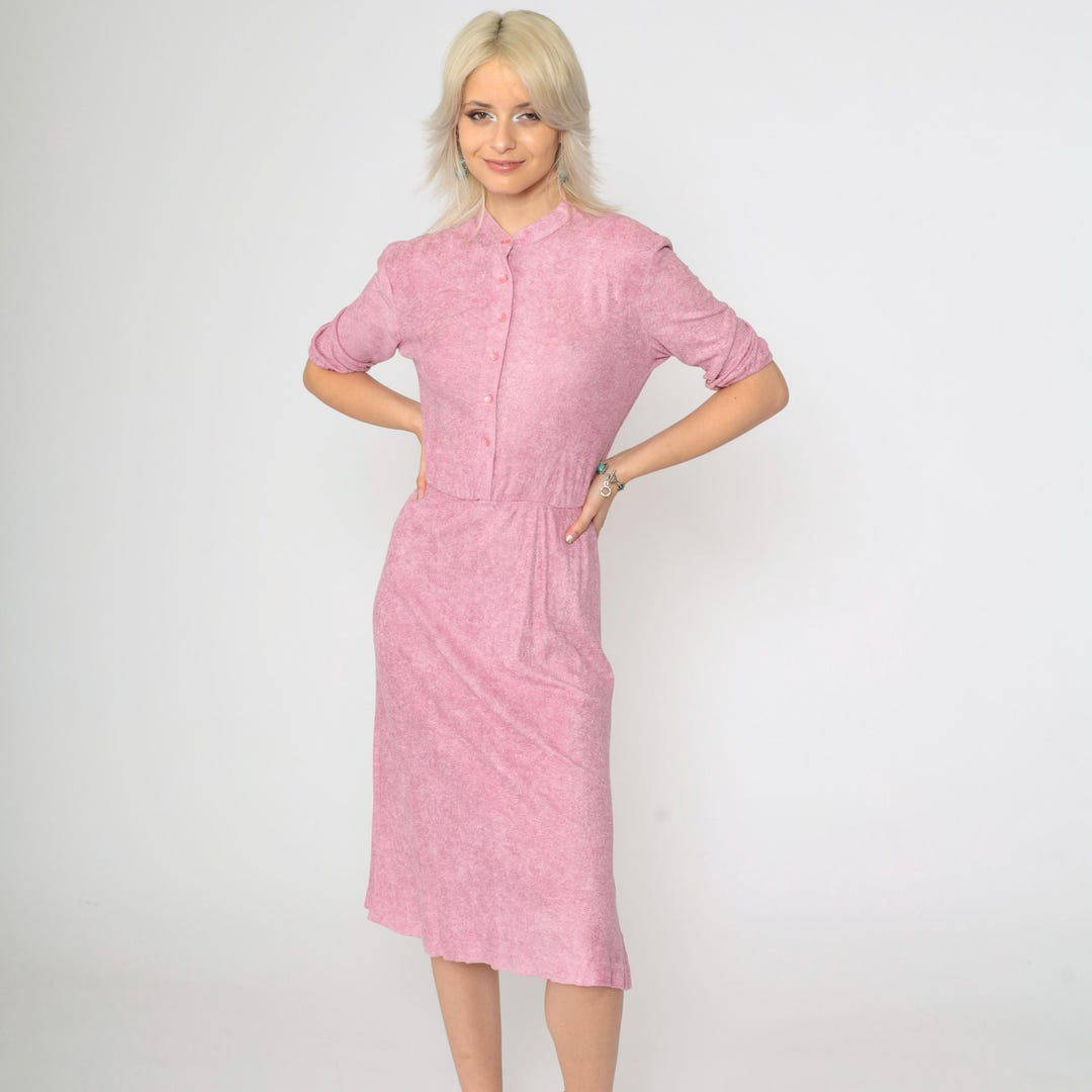 70s Terry Cloth Dress Pink Mandarin Collar Midi Button up 1/2 Sleeve ...