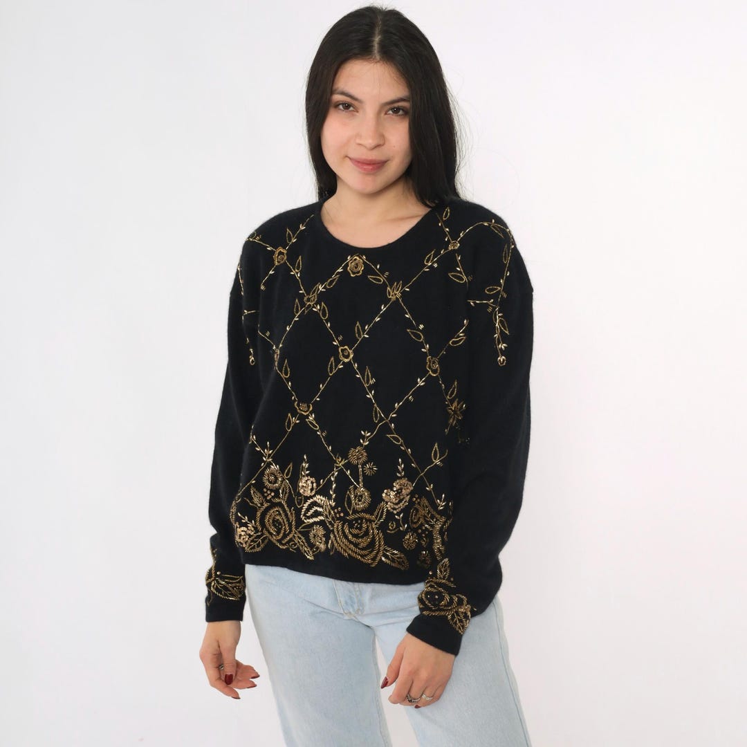 Vintage Black Sequin Sweater 80s Gold Floral Beaded Embroidered ...