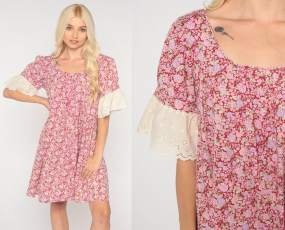 Floral Mini Dress Cottagecore Red Eyelet Lace Tent Dress Boho - Etsy