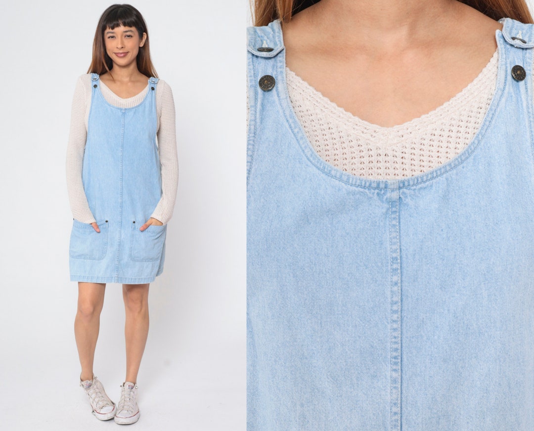 90s Denim Jumper Dress Blue Jean Overall Dress Mini Pinafore Shift ...