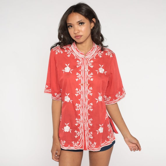 Red Floral Blouse 70s Boho Top Semi-Sheer Embroidered… - Gem