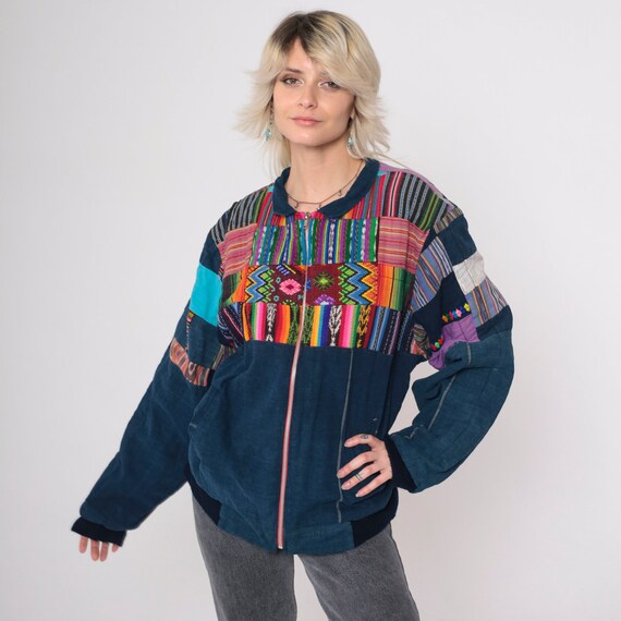 Patchwork Guatemalan Jacket 90s Blue Bomber Jacket Hi… - Gem