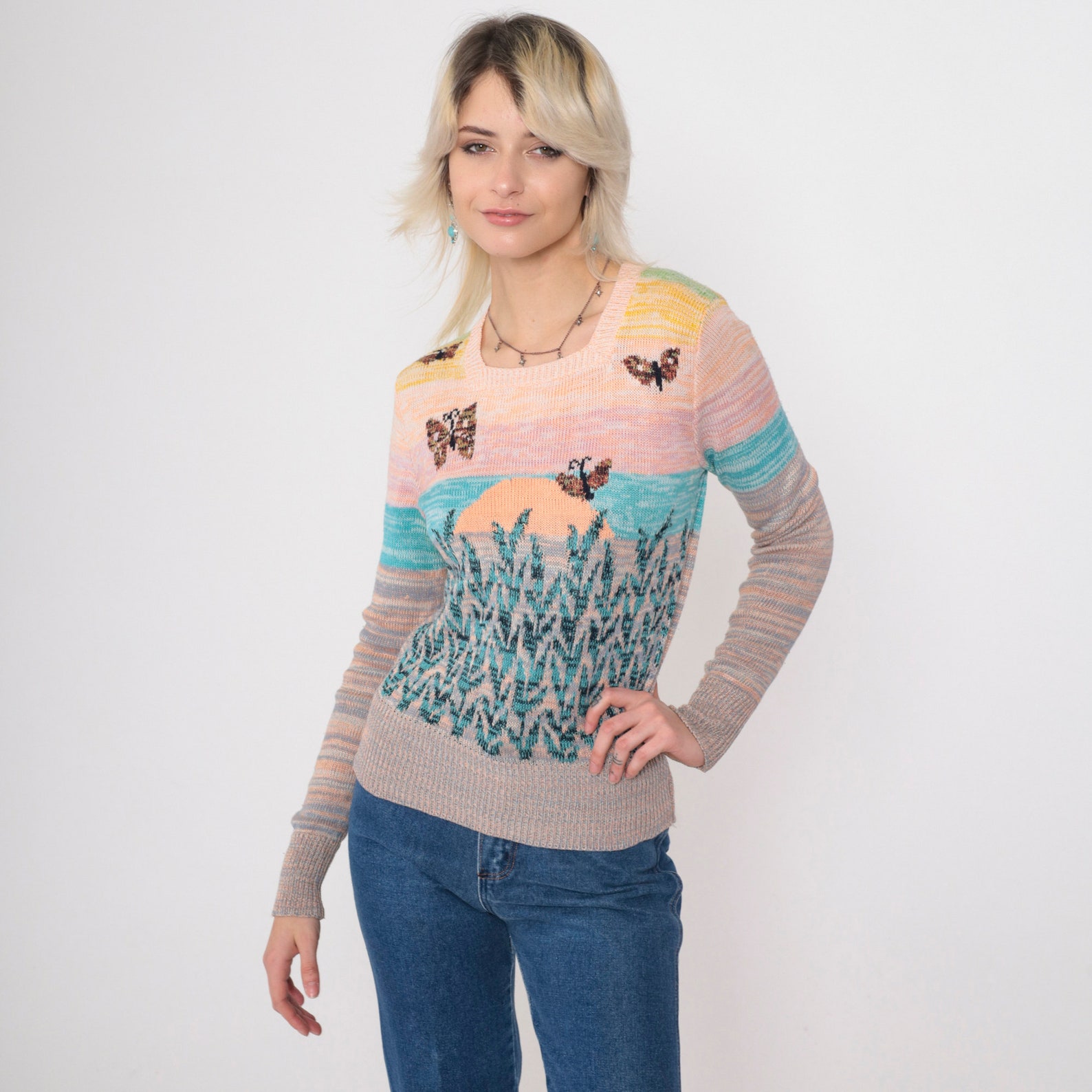 70s Arpeja Sweater Sunset Butterfly Print Space Dye Sweater Bohemian ...